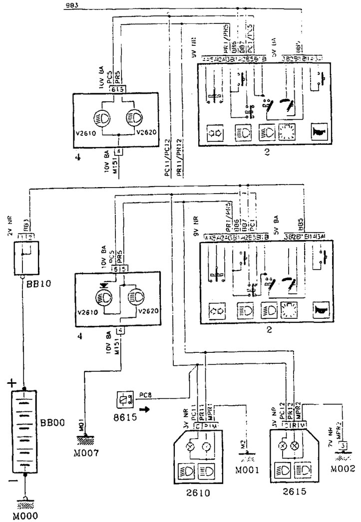 Електрическа верига за къси/дълги светлини, без реле за къси светлини ...