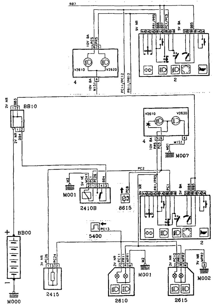 Электрычная схема блізкіх фар / далёкіх фар, без рэле блізкіх фар (Пежо ...
