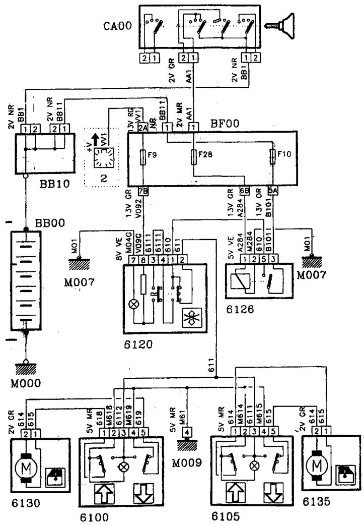 Electrical diagram of the electric window lift, rear (Peugeot 306, 1993 ...